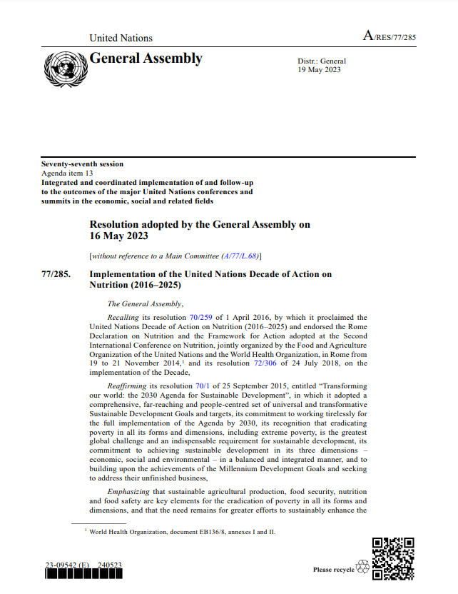 UNGA resolution on the UN Decade of Action on Nutrition [May 2023] | UN ...